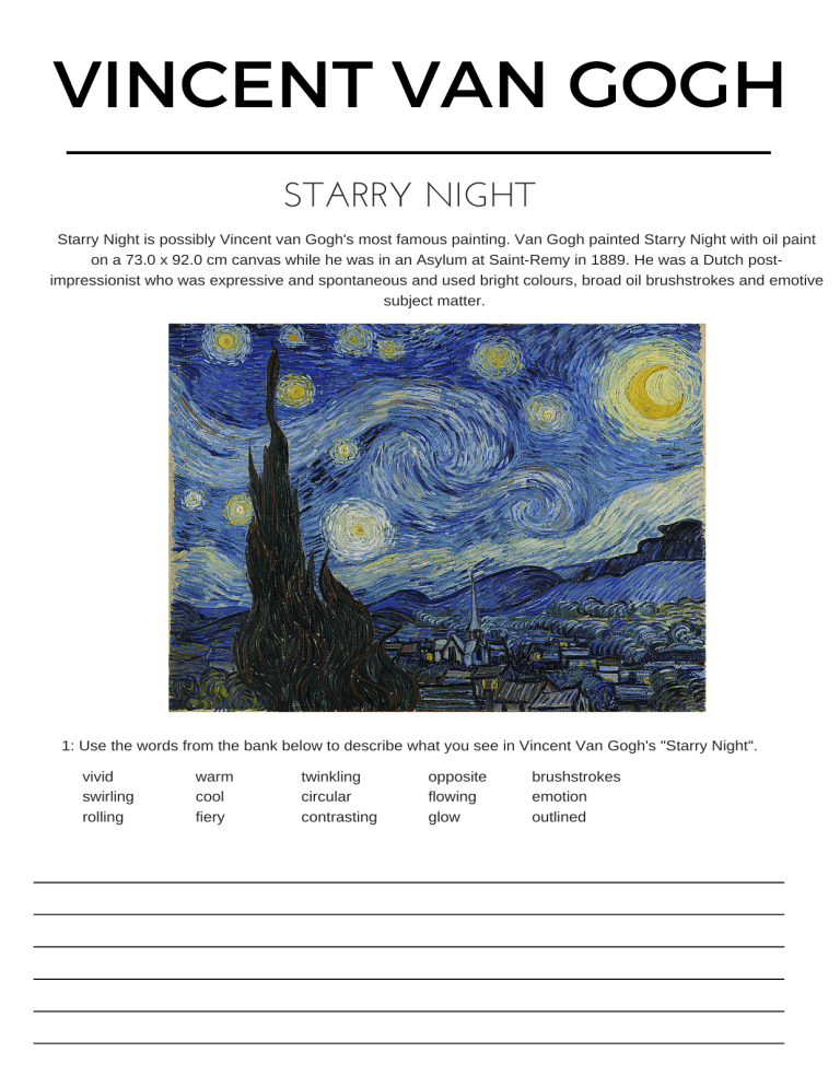 Van Gogh's Starry Night Worksheet