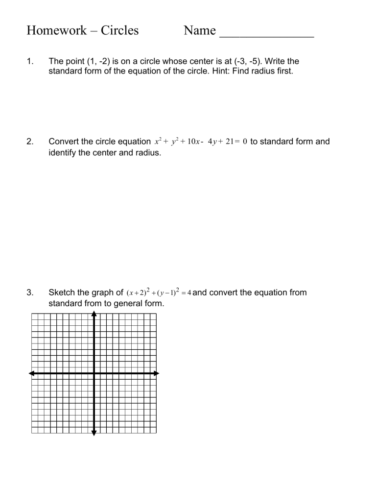 Circles Homework: Equations, Graphs, and Standard Form