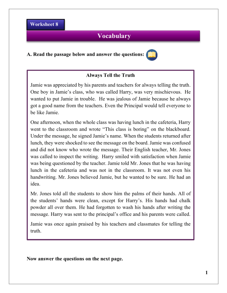 Honesty Reading Comprehension Worksheet for Kids