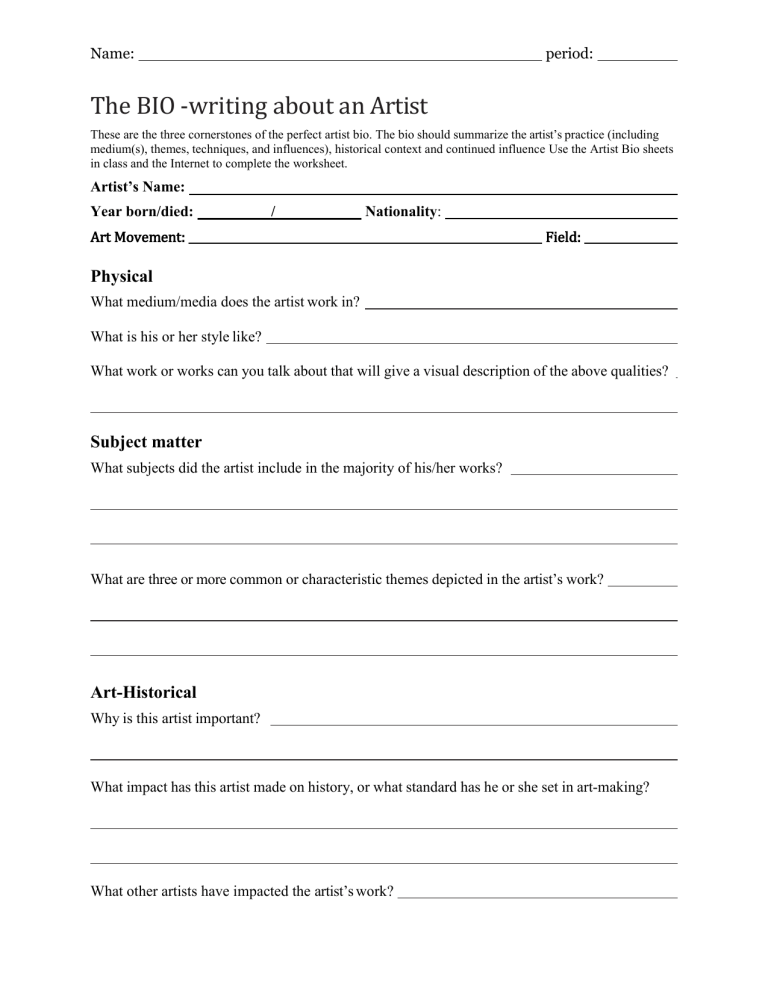 Artist Bio Worksheet