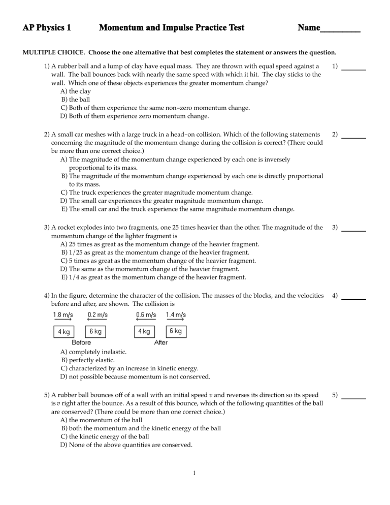AP Physics 1: Momentum and Impulse Practice Test