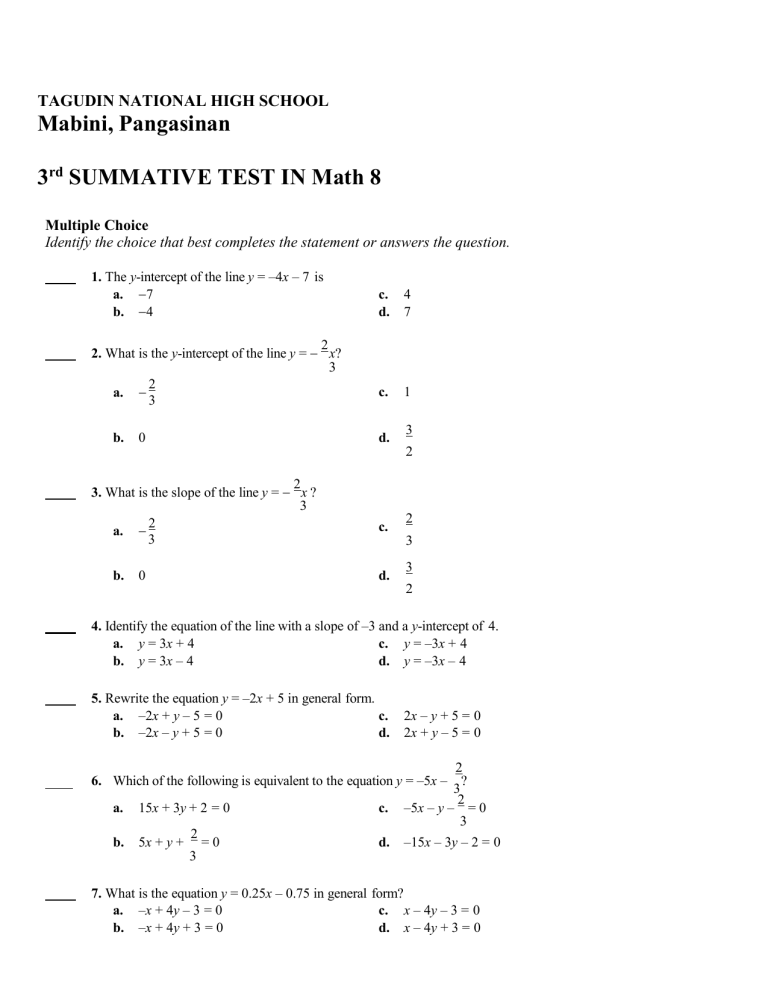 Math 8 Summative Test: Linear Equations & Slope