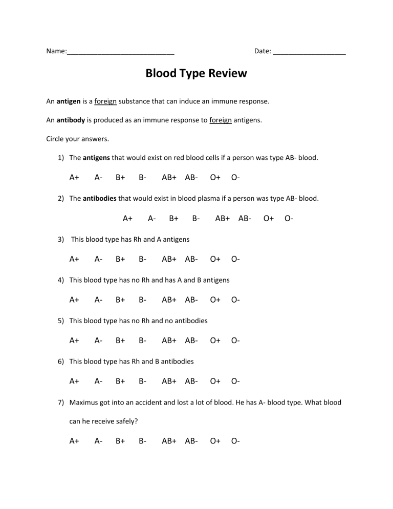 Blood Type Review Worksheet