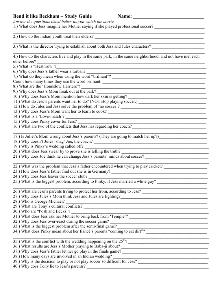 Bend it Like Beckham Movie Study Guide