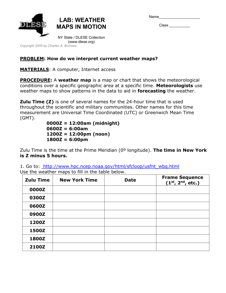 Weather Maps in Motion Lab Worksheet