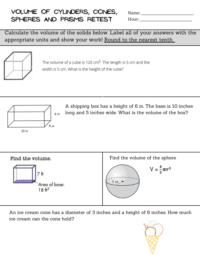 Volume of Solids Worksheet: Cylinders, Cones, Spheres, Prisms