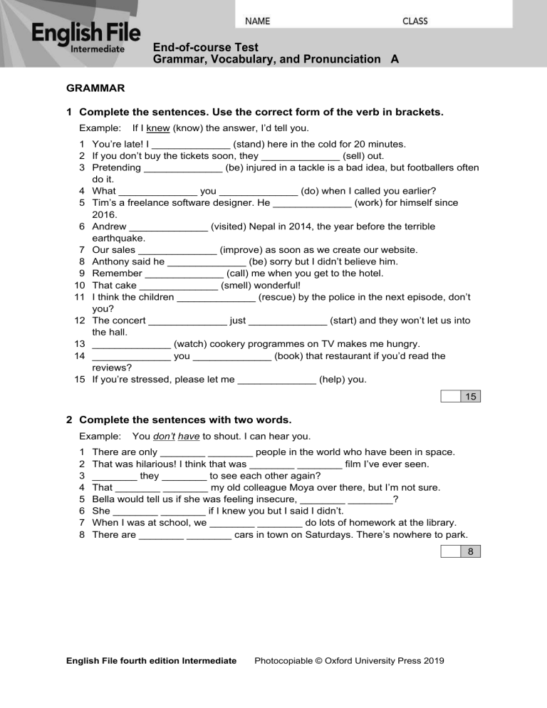 English Intermediate End-of-Course Test: Grammar & Vocab