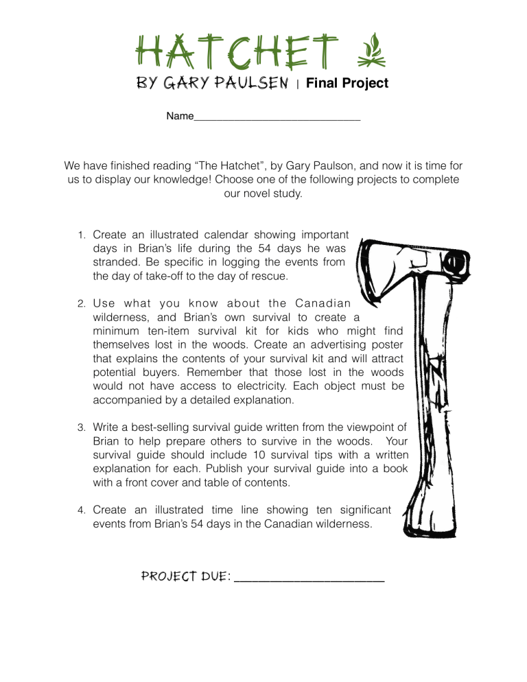 Hatchet Novel Study Project Assignment