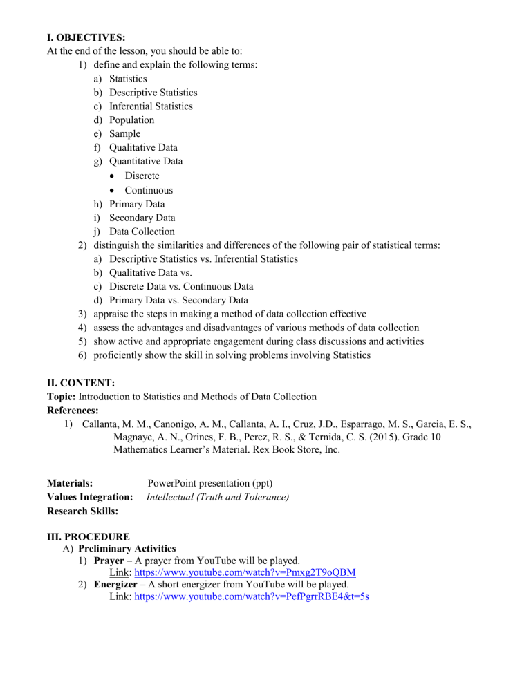 Intro to Statistics Lesson Plan