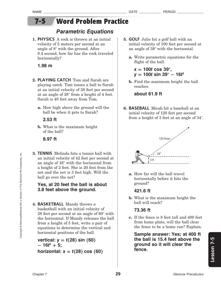 Parametric Equations Word Problems Worksheet
