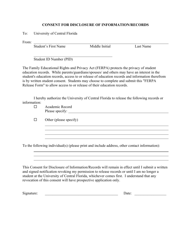 FERPA Consent Form - University of Central Florida