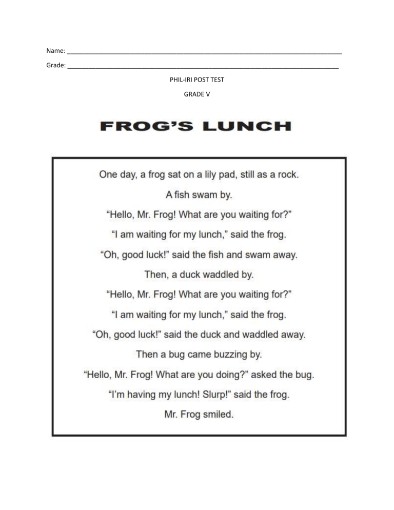 Frog's Lunch Reading Comprehension Test