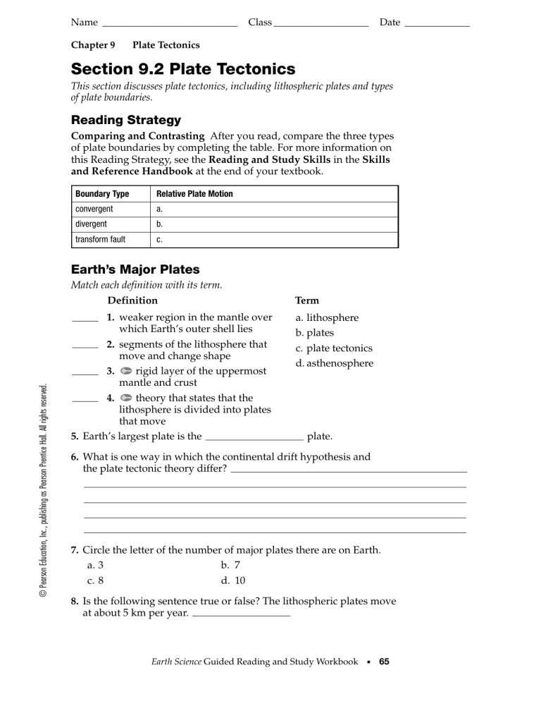 Plate Tectonics Worksheet: Plate Boundaries & Motion