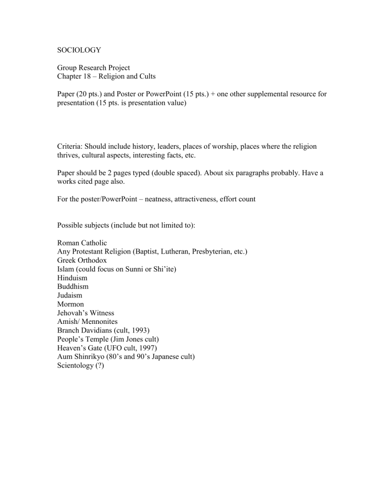 Sociology Project: Religion & Cults Assignment