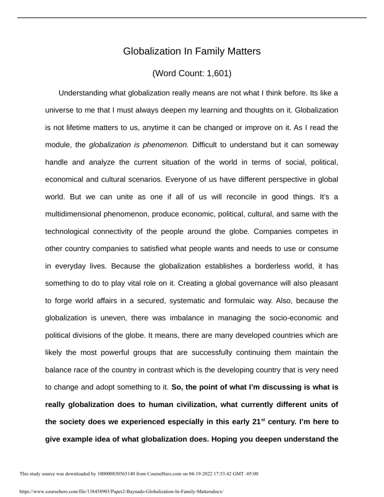 Globalization & Family: Personal Impact Essay