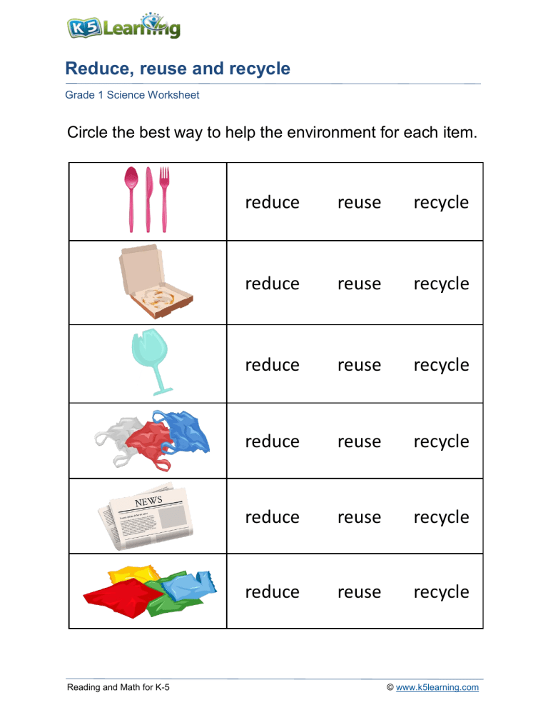 Reduce, Reuse, Recycle Worksheet