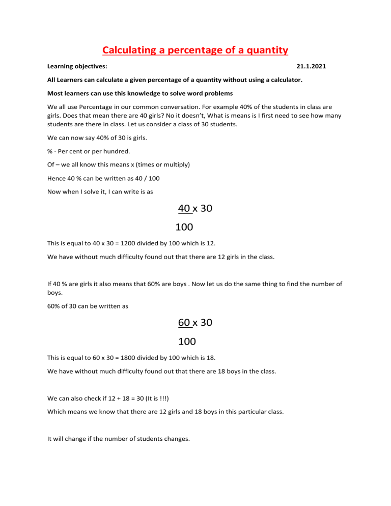Calculating Percentages: Worksheet for Middle School Math