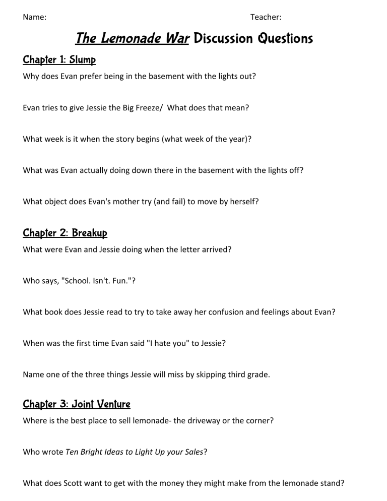 The Lemonade War Discussion Questions