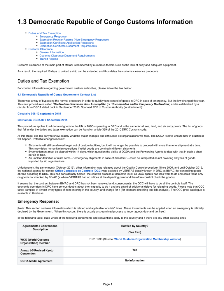 Democratic Republic of Congo Customs Information