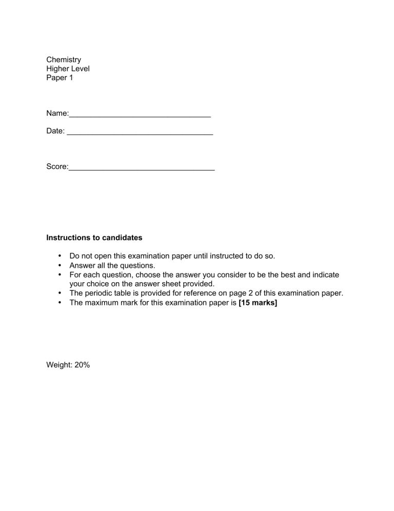 IBDP Chemistry Paper 1 HL IBDP Chemistry Paper 1 HL