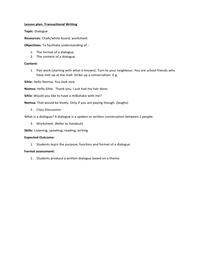 Dialogue Lesson Plan: Transactional Writing
