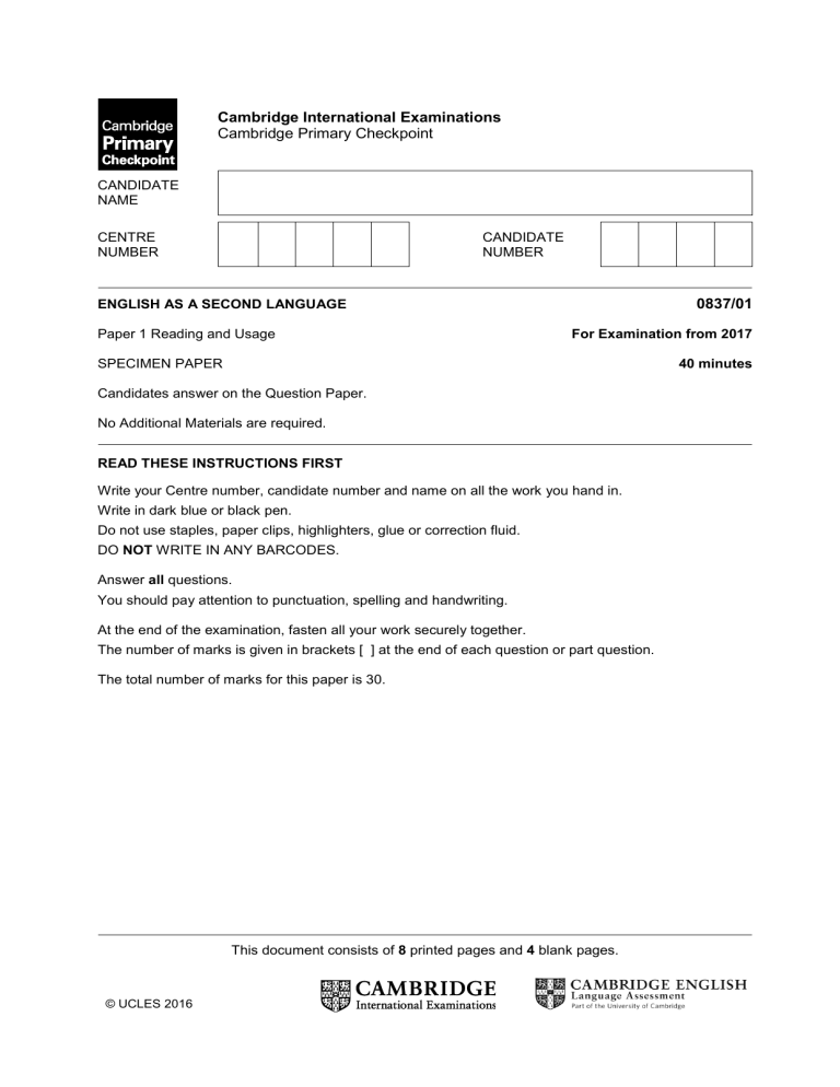 Cambridge Check Point English As Asecond Language Paper1