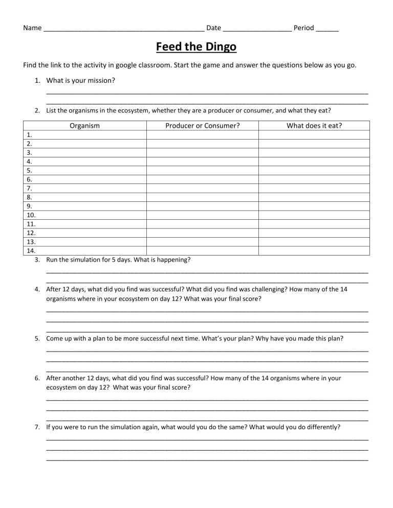 Feed the Dingo Ecosystem Worksheet