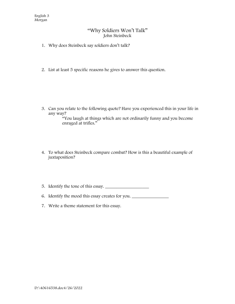 Steinbeck & O'Brien: Literary Analysis Worksheet