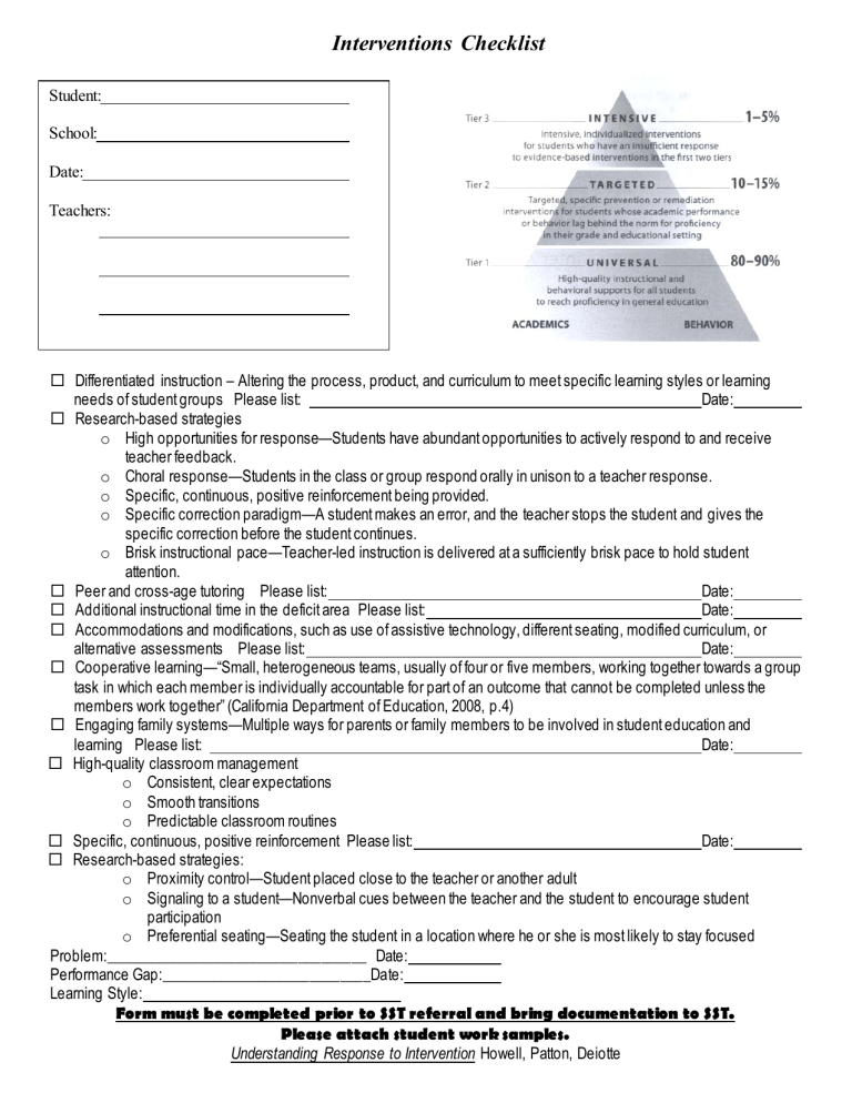 Student Intervention Checklist for Educators