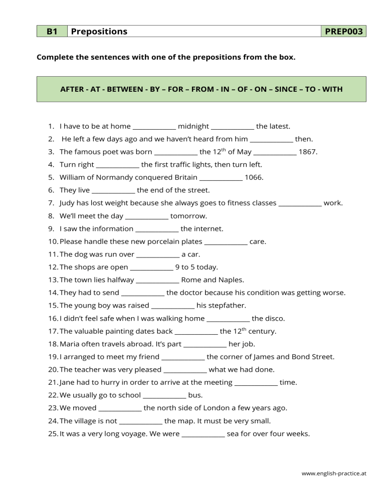 English Prepositions Worksheet B1 Level