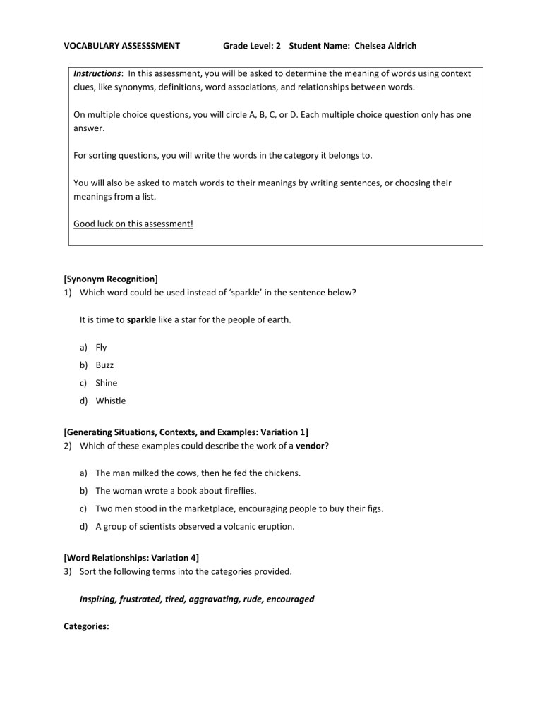 2nd Grade Vocabulary Assessment