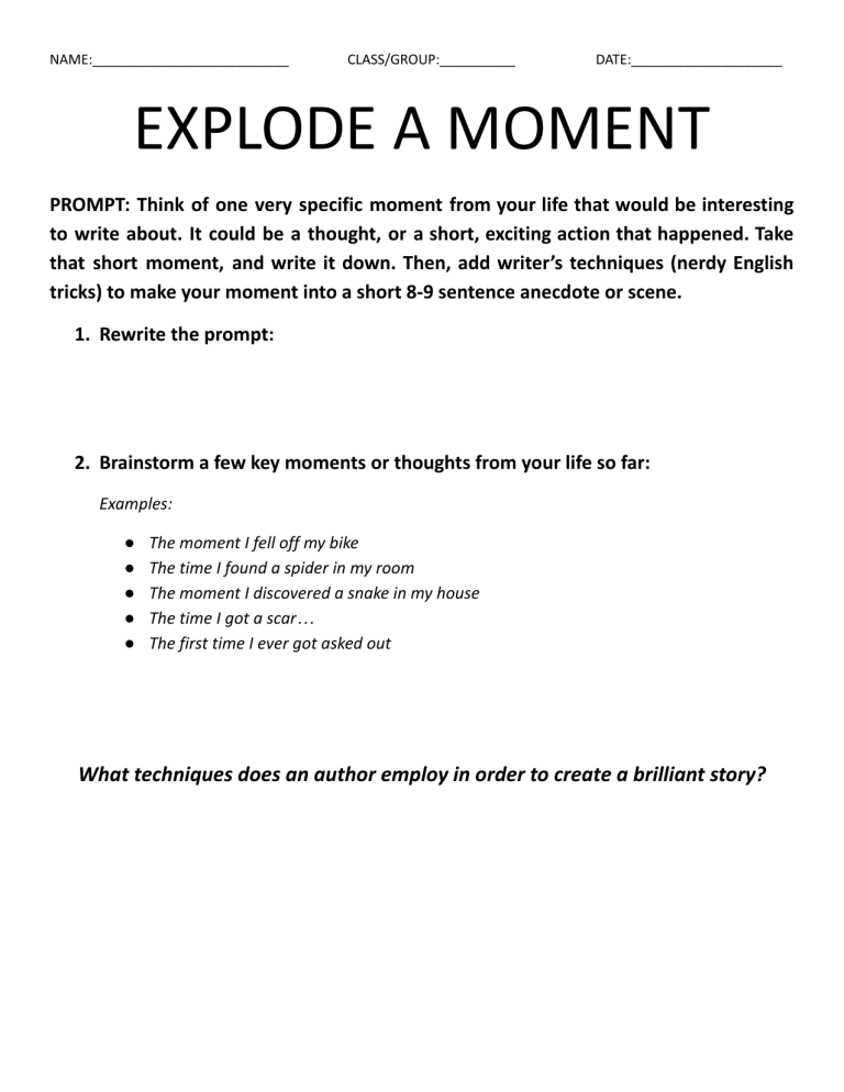 Explode a Moment: Creative Writing Worksheet