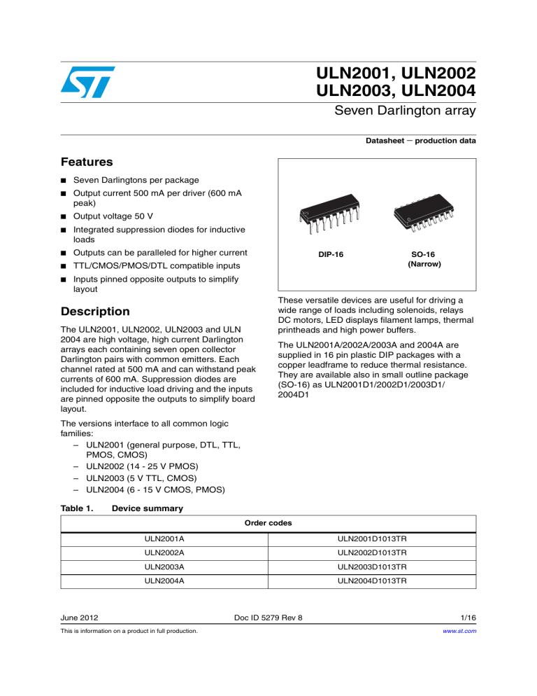 ULN2001, ULN2002, ULN2003, ULN2004 Darlington Array Datasheet