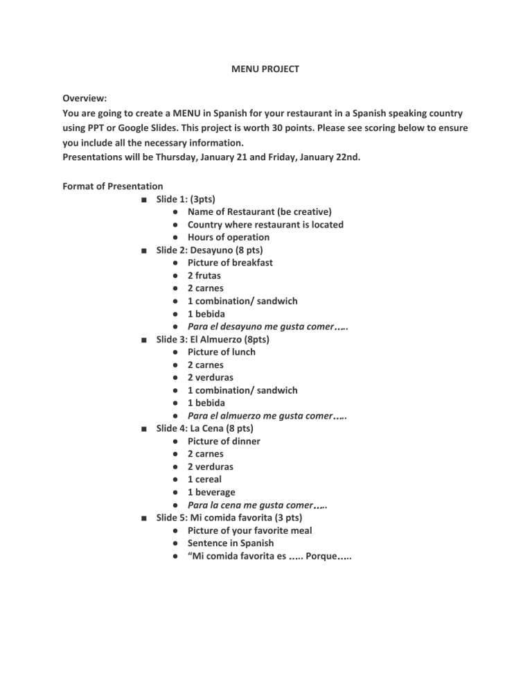 Spanish Menu Project: PPT/Google Slides