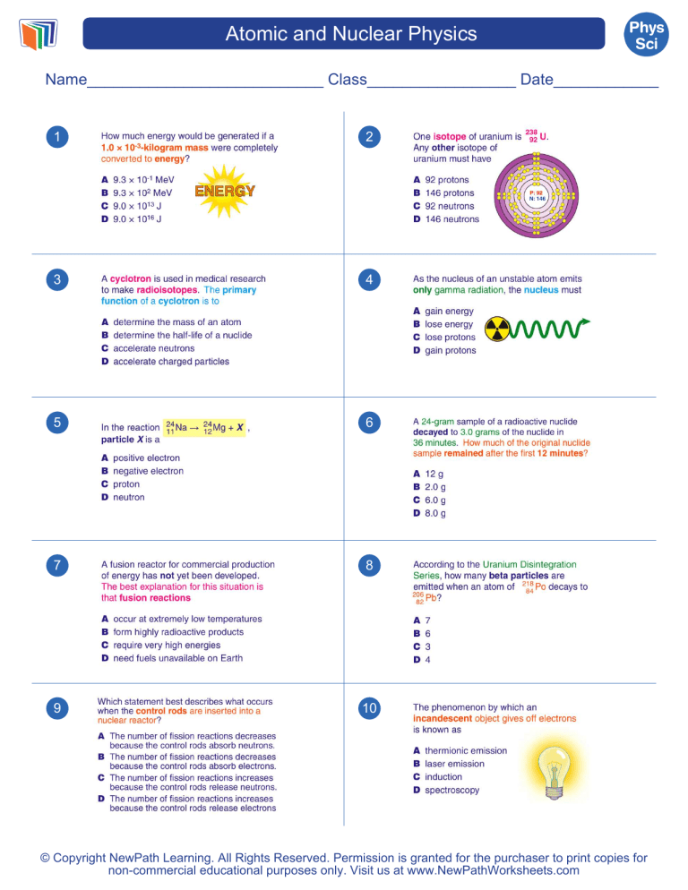 Atomic & Nuclear Physics Worksheet