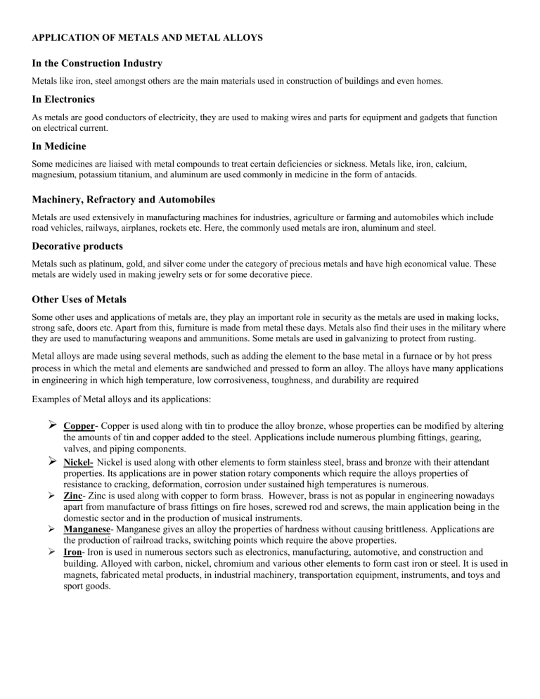 APPLICATION OF METALS AND METAL ALLOYS