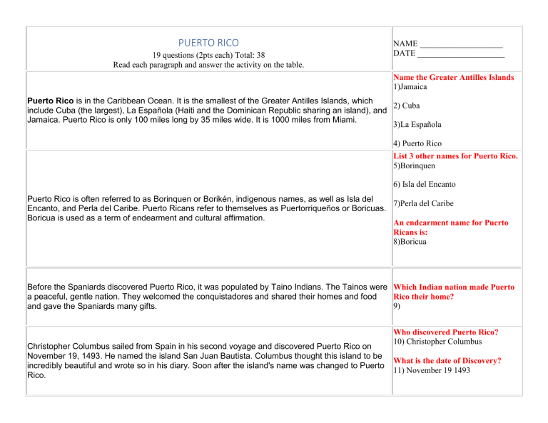 Puerto Rico History Worksheet