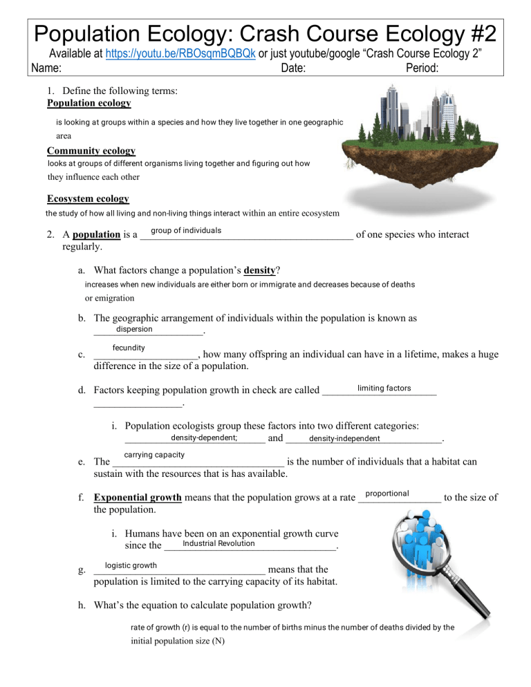 Population Ecology Worksheet & Answer Key