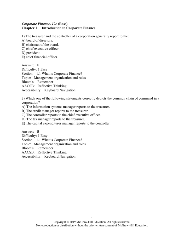 Corporate Finance: Chapter 1 Test Bank