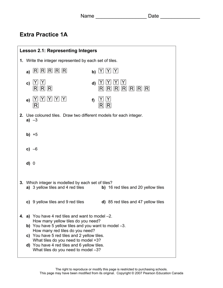 Math Makes Sense 7 Workbook Extra 2 Integers