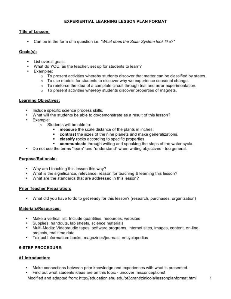 Experiential Learning Lesson Plan Format