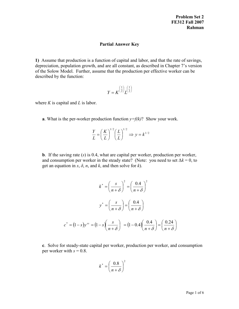 Solow Model Problem Set 2 Answer Key