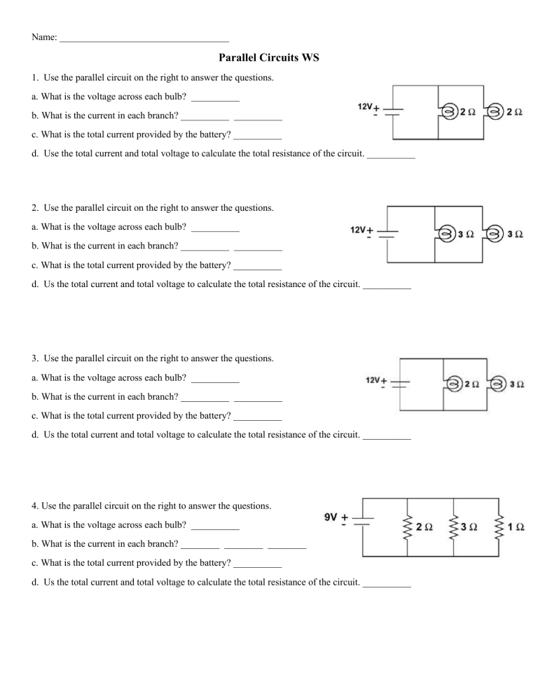 Parallel Circuits Worksheet: Voltage, Current, Resistance