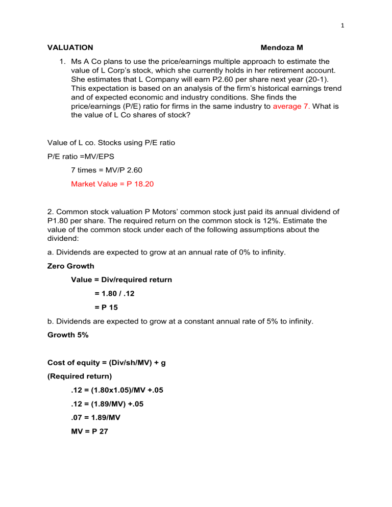 Stock & Division Valuation Worksheet