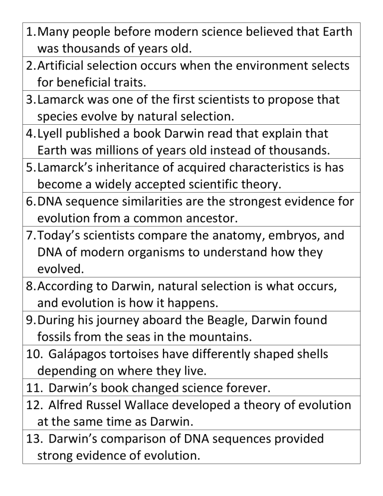 Evolution Worksheet: True/False Statements