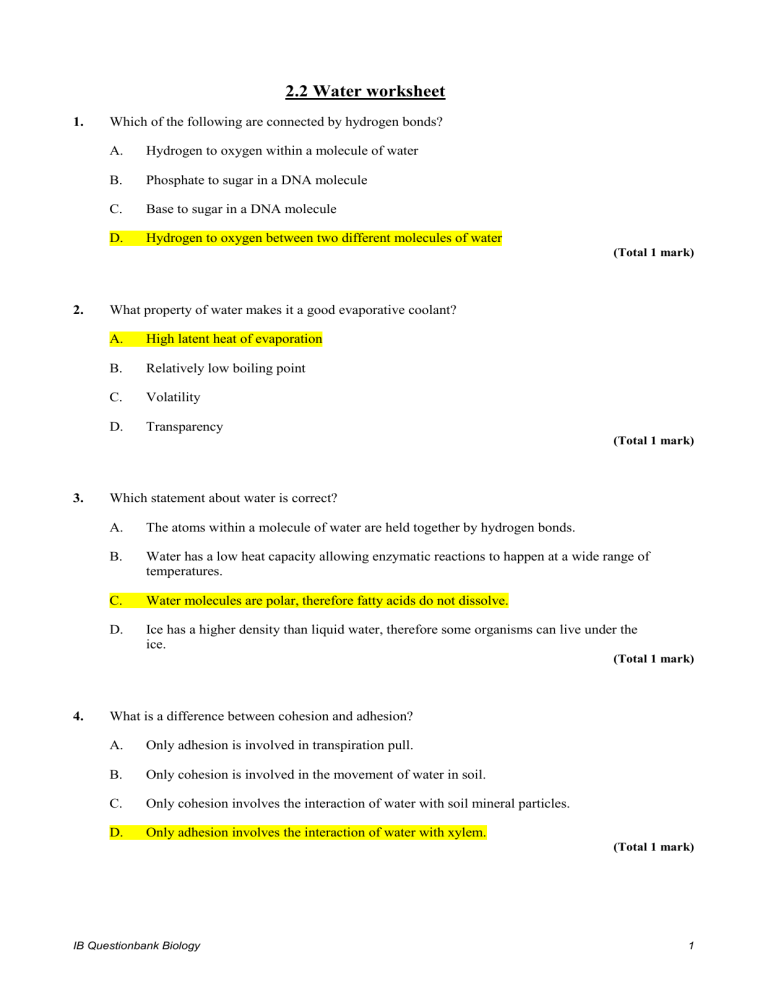 Water Properties Worksheet: Biology Questions & Answers