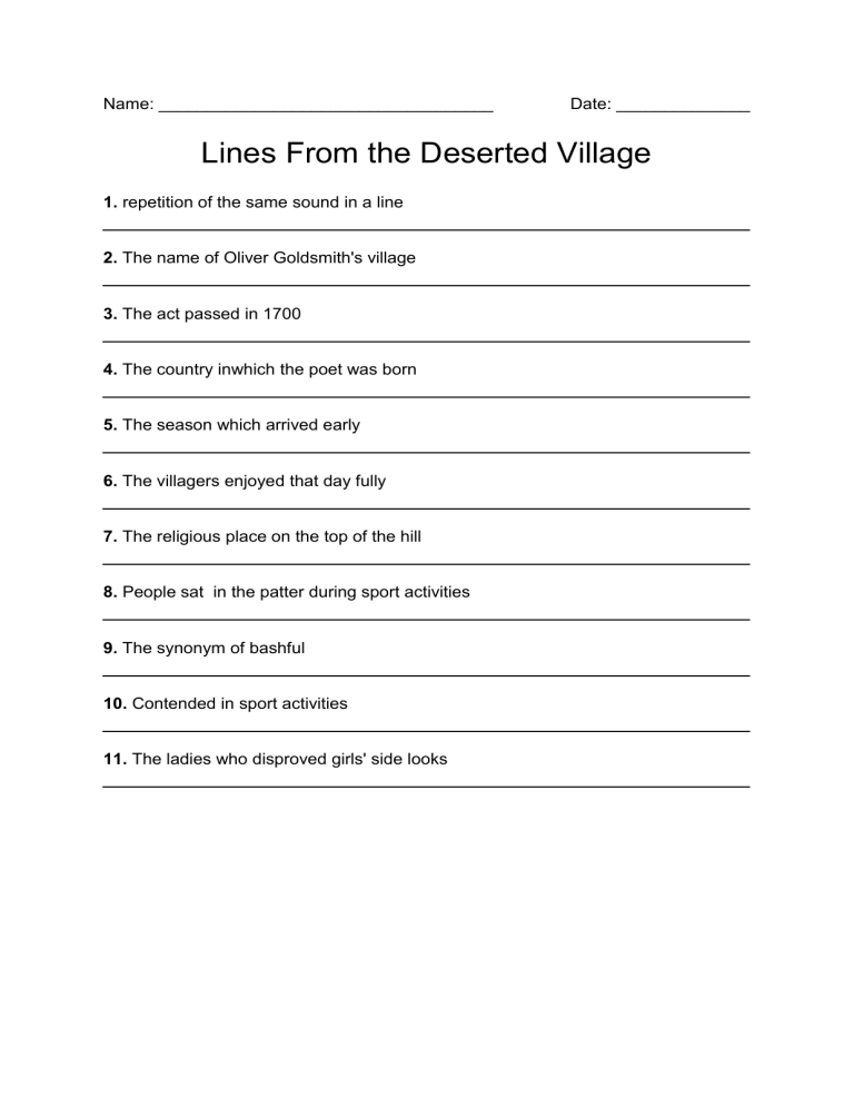 The Deserted Village Worksheet: Comprehension & Analysis