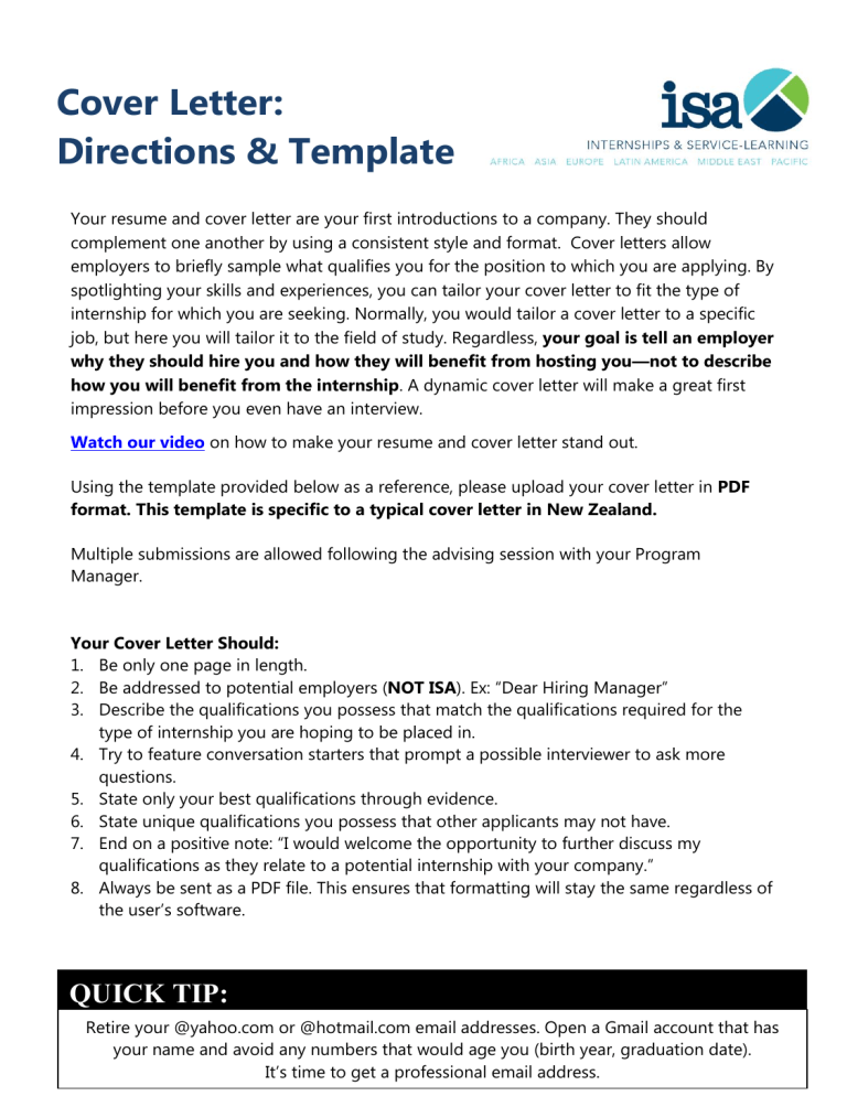 NZ CoverLetter Directions