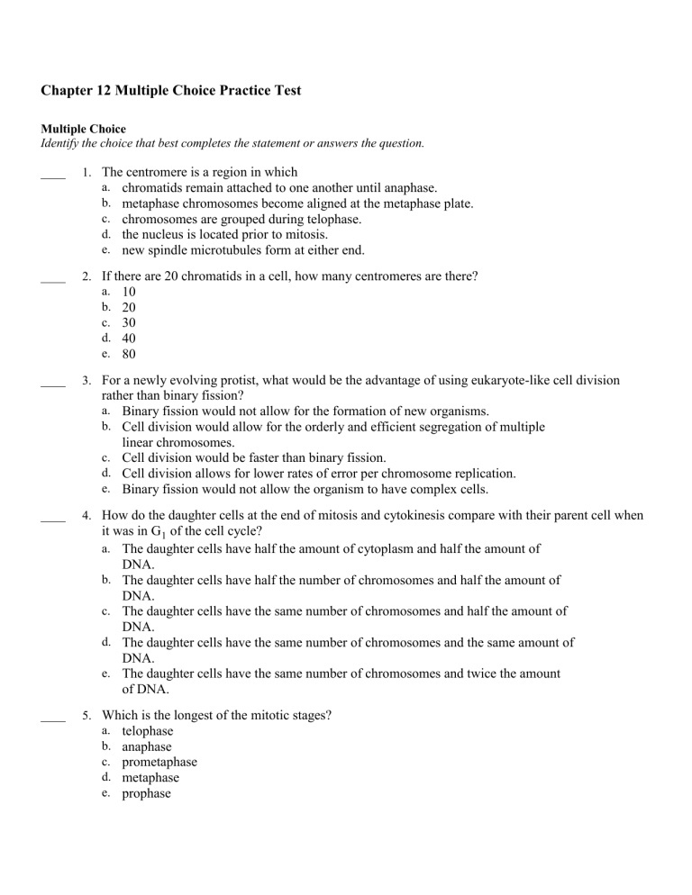 Cell Division Practice Test: Mitosis & Cell Cycle