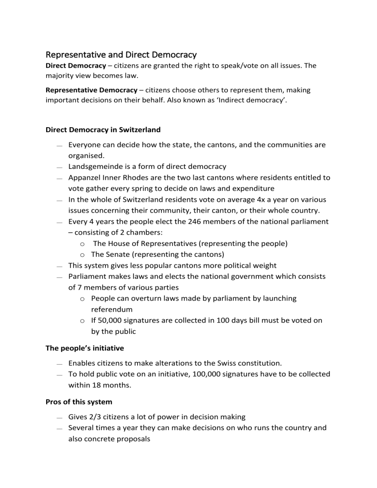 Direct vs. Representative Democracy: Switzerland & UK